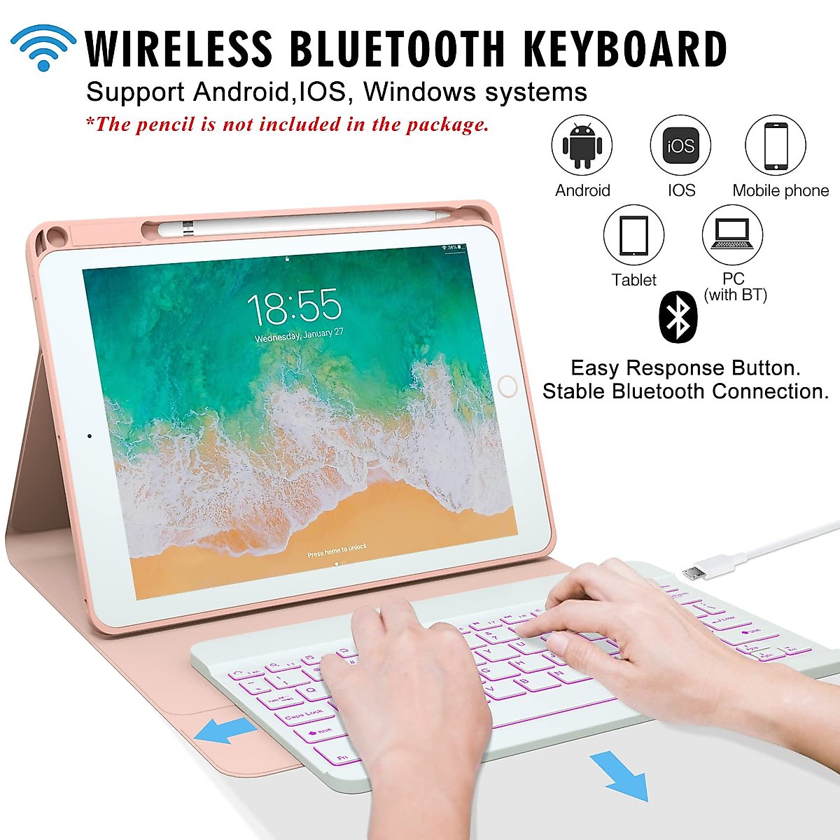 BLUTLOTUS Keyboard case for iPad 9.7 Inch Air 2, iPad 5th/ 6th Generation (2017/2018) with Keyboard Detachable, 7 Color Wireless Backlit Keyboard, Smart Folio Cover with Pencil Holder(Pink)