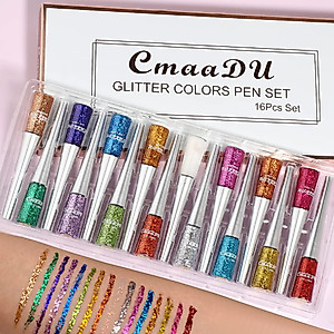 Aseawave 16 Colors Liquid Glitter Eyeliner Set, Metallic Shimmer Glitter Eyeshadow, Colorful Rainbow Eyeliner Long Lasting Waterproof Face Lips Art for Party Festival Makeup