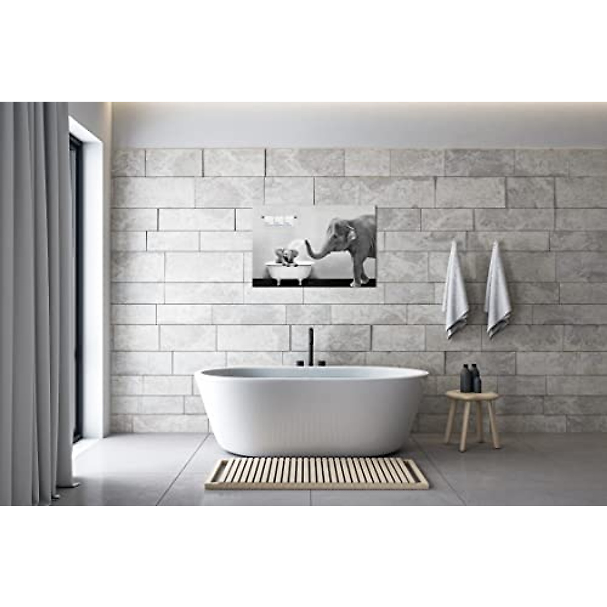 Piy Painting Elephant Bathroom Decor Wall Art, Funny Canvas Prints of Mother and Child Playing Water in Bath Crock, Warm Bathtub Picture with Keep Clean, Keep Happy, Keep Love Words Motivating Kids.