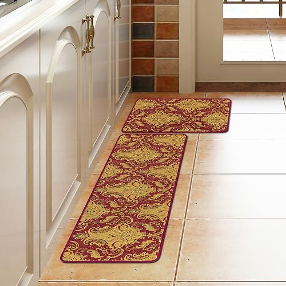 Loom and Mill Luxury Kitchen Rugs Set 2 Pieces, Non Skid Absorbent Chenille Memory Foam Kitchen Runner Rug Floor Mats, Comfort Standing Mat for Front of Sink,Machine Wash(Red,17.3"x47"+17.3”x29)