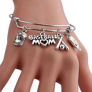 QIIER Baseball Mom Bracelet Sports Expandable Charm Bangle Baseball Jewelry for Moms Fans (silver)