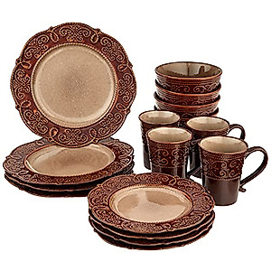 Elama Round Decorated Stoneware Scallop Embossed Dinnerware Dish Set, 16 Piece, Salia