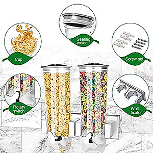 Food Dispensers 2 PACK Wall Mount Double Dry Cereal Dispenser, Convenient Storage Dual Control for Cereal Nuts, Coffee Beans Trail Mix Candy Oatmeal Rice Pasta Candy Container, 50oz Each Cereals Bank