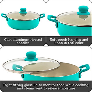 IMUSA USA, T Caldero (Dutch Oven) with Glass Lid Ceramic Interior 6.9-Quart, Teal