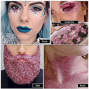Pink Body Glitter Gel 1.76 Oz, Face Glitter Makeup Sequins Face Paint, Shimmer Liquid Eyeshadow, Sparkling Holographic Gel Lip, Long Lasting Hair Bling Bling Hair Gems, Nail Glitter Gel for Women