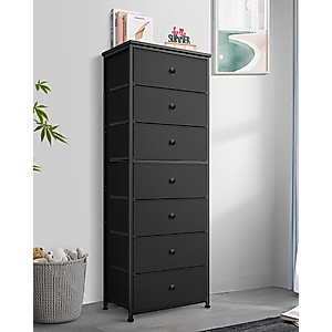 Tall Fabric Dresser for Bedroom, Vertical Storage Organizer Tower with 7 Drawers, Chest of Drawers with Bins, Steel Frame, Wood Top for Bedroom, Closet, Entryway Black