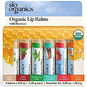 Sky Organics - Organic Lip Balm Set (6-Pack) - Organic Beeswax, Botanical Oils & Extracts - Vitamin E & Organic Natural Flavors - Beauty Gift Set - All Skin Types & Cruelty Free - Lip Care & Self Care
