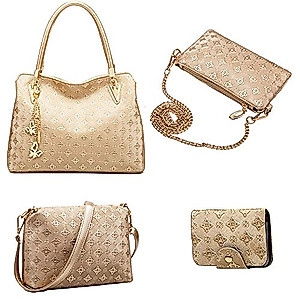 FiveloveTwo Women PU Ladies Handbag Purse Tote Satchel Shoulder Bag Tassel Print 4pcs Set Top Handle Bag Clutch Card Holder Gold