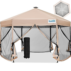 Quictent 13'x13’ Hexagonal Pop up Canopy Tent with Mosquito Netting, Instant Screened in Canopy Screen House Room Tent Easy Set up with LED Lights (Beige)