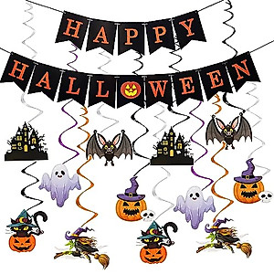 Lucleag 12Pcs Halloween Hanging Swirls Decorations & Halloween Banner, Pumpkin Bat Witch Ghost Hanging Decor Happy Halloween Banner for Ceiling Wall, Hanging Decoration for Halloween Party Supplies