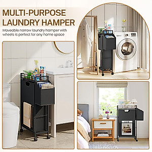 LASZOLA Slim Laundry Hamper with Wheels & Lid, 52L Thin Narrow Laundry Basket with Handle for Small Spaces, Tall Rolling Skinny Clothes Hamper with Removable Liner Bag, Side Pockets and Net Bag, Black