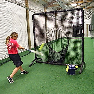 Jugs Toss Machine with 1-Dozen Sting-Free Game-Ball Yellow Dimpled Softballs, Holds up to 10 Softballs, Tosses One Ball Every 5 Seconds, Rechargeable, Runs up to 8 Hours