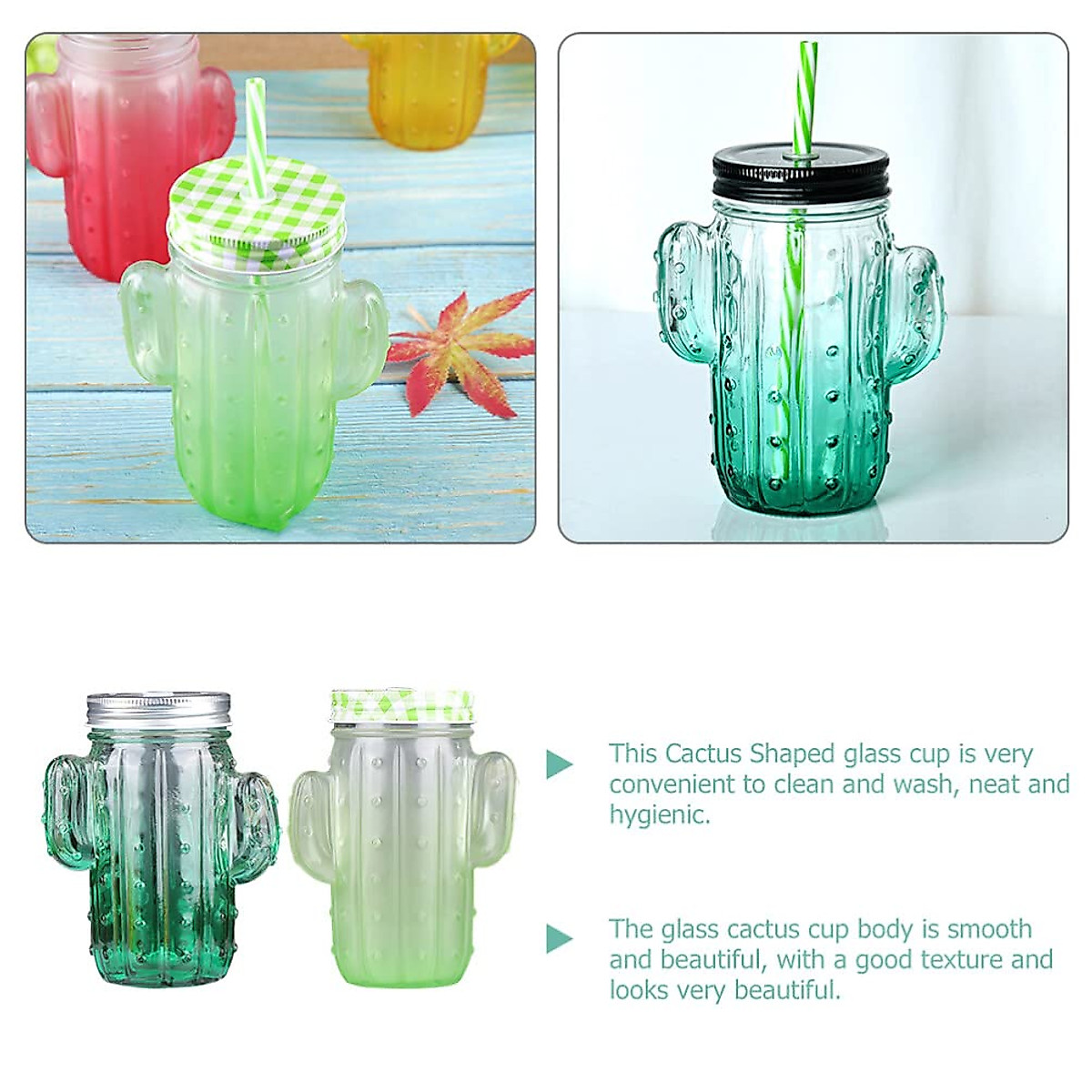 SEWACC 2 Sets Cactus Drinking Glasses Plant Shape Glass Straw Cup Creative Cute Shot Glasses Water Cups Iced Coffee Cup Wide Mouth Bubble Cups for Cocktail Beverage 400ML