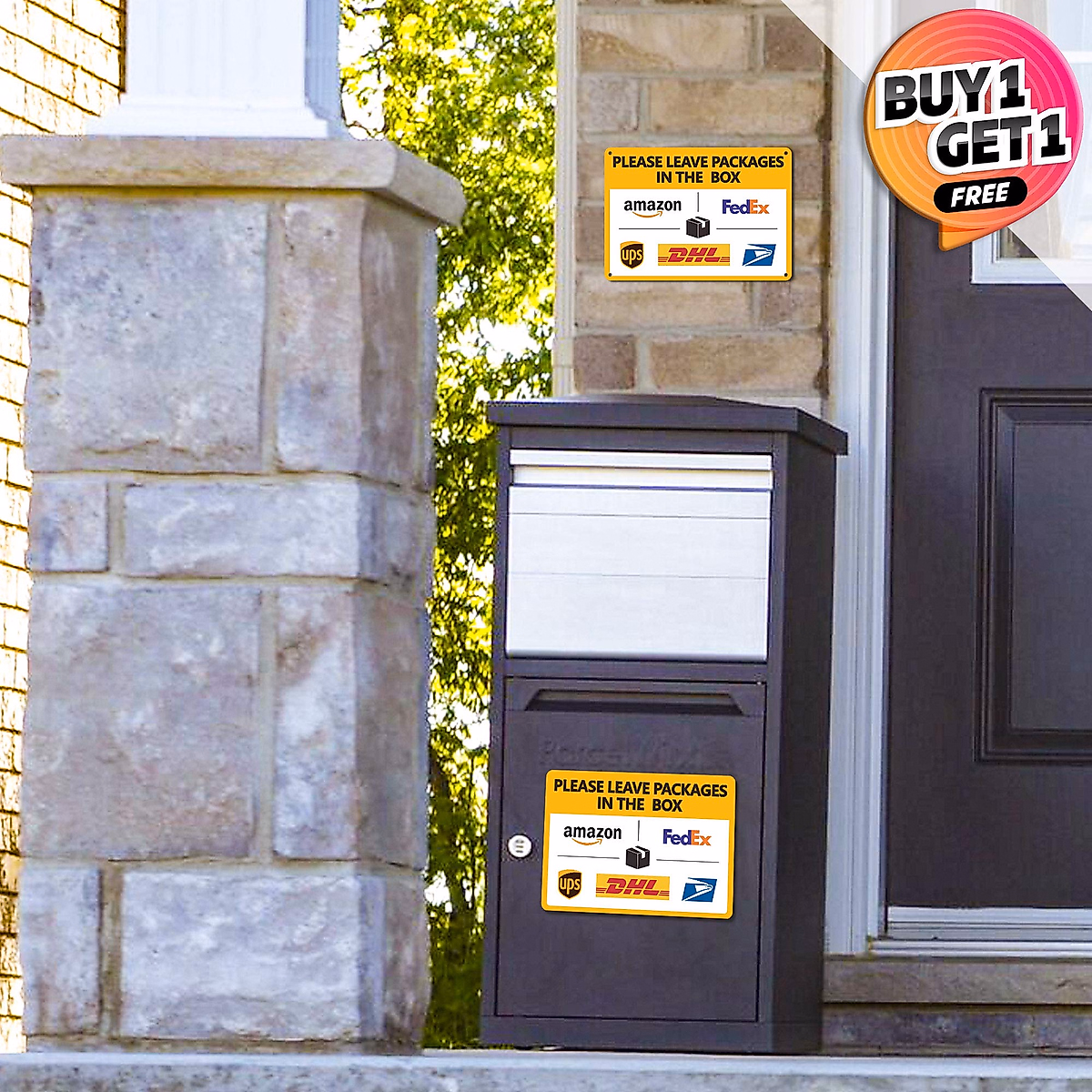 Package Delivery Sign Delivery Instructions Sign 2 Pack Leave Packages in The Box Sign,Two For One : 1 Pcs Super Tough PVC+1 Pcs Self Adhesive Vinyl, Rust-Free, Weather-Proof
