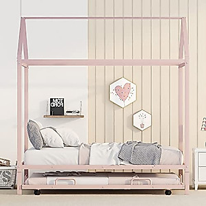 Merax Cute Montessori Bed with Trundle Twin, Metal Low House Daybed for Kids No Box Spring Needed/Space Spaving Pink