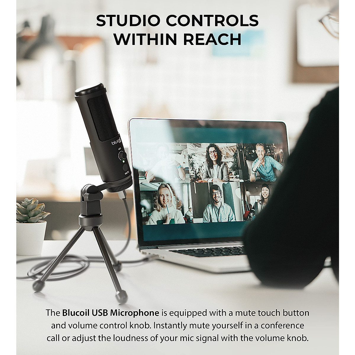 Blucoil USB Cardioid Condenser Microphone with 3.5mm Headphone Jack, Volume Control, Mute Button, and Tripod - Compatible with Mac, Windows, Linux, Chrome, Zoom, Google Meet, Microsoft Teams, and more