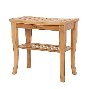OasisSpace Bamboo Shower Bench, 19" Waterproof Shower Chair with Storage Shelf, Wood Spa Bath Organizer Seat Stool, Perfect for Indoor or Outdoor