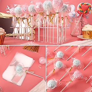 Goabroa Cake Pop Display Stand with 100 PCS Cake Pop Sticks and 100 PCS Wrappers Kit, 21 Holders Clear Acrylic Cakepop Making Accessories for Weddings Baby Showers Halloween