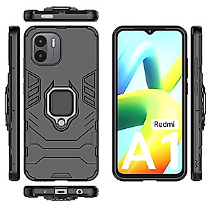 Compatible with Xiaomi Redmi A1 / Redmi A2 Case Kickstand with Tempered Glass Screen Protector [2 Pieces], Hybrid Heavy Duty Armor Dual Layer Anti-Scratch Phone Case Cover, Black