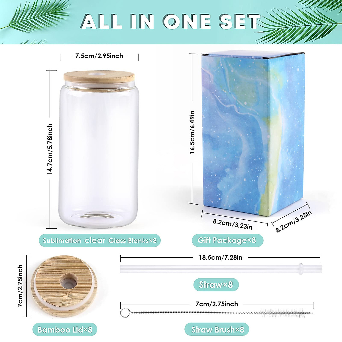 HTVRONT 8 PCS Sublimation Glass Cups Clear -16oz Sublimation Glass Tumbler with Bamboo Lid - Sublimation Blanks for Sublimation, Painting and HTV Vinyl Crafts