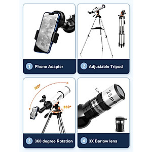 Telescopes for Adults Astronomy, 80mm Aperture 500mm AZ Mount Professional Refractor Telescope for Beginners with Phone Adapter, Portable Space Telescope with Carrying Bag