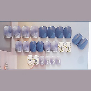 Diduikalor 24PCS Smudged Nude and French Purple Blooms Square Press on Nails Short, Coffin Medium Length Fake Nails, Reusable with Glue Acrylic False Nails for Women