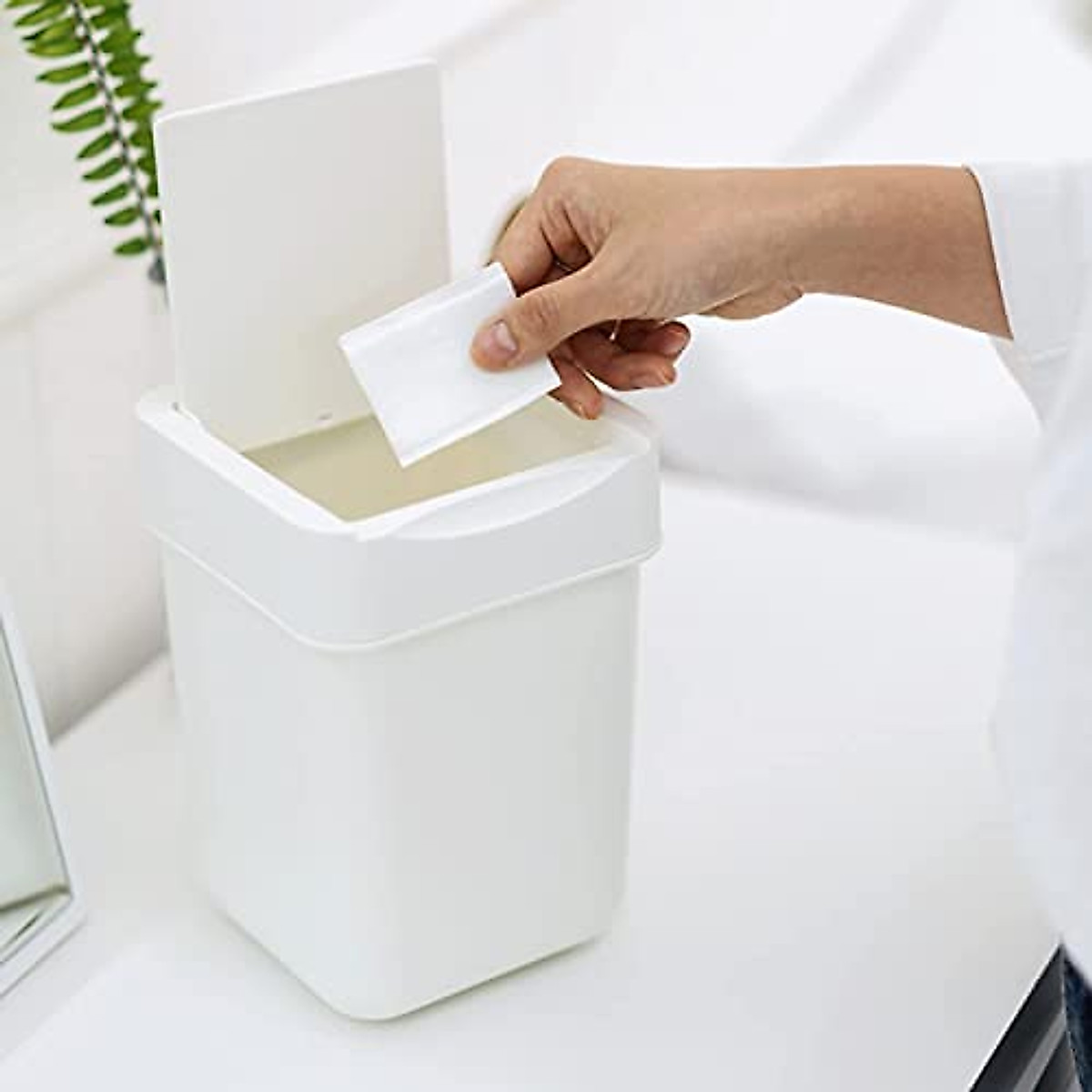 carrotez Small Trash Can with Lid, 2 Liter/ 0.5 Gallon, Mini Trash Can, Waste Basket, Garbage Container for Coffee Bar, Bathroom, Kitchen, Office, Desk, Bedroom, Tabletop - White