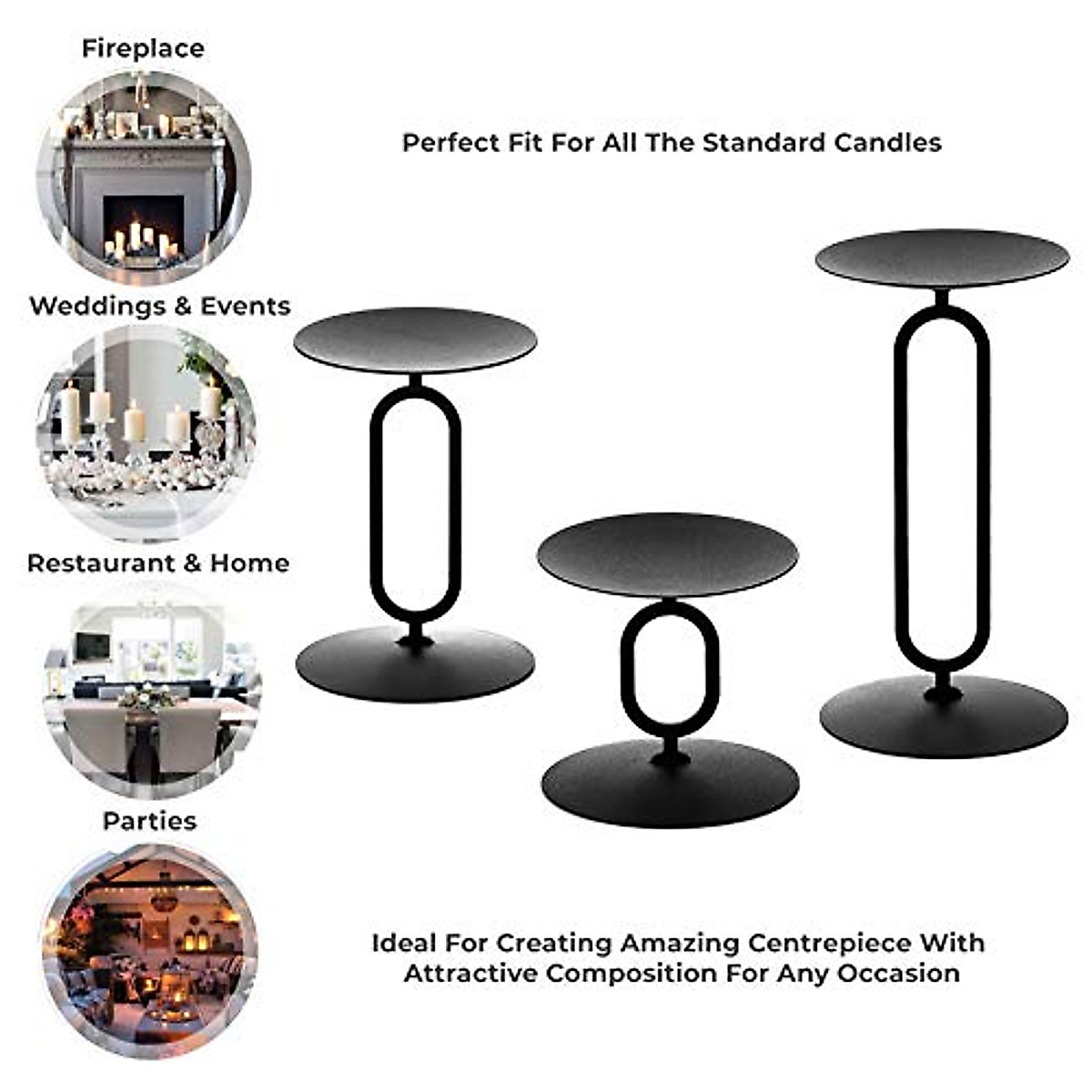 Candle Holders Black Metal Base Candleholders for Desk Top Decoration Table or Mantel Centerpiece in Dining & Living Room, Candelabra for flameless LED, Sphere & Pillar Candles (Set of 3)