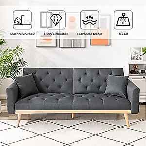 DKLGG Modern Futon Sofa Bed, Convertible Bed Folding Linen Fabric Sofa Bed Couch with Two Pillows, Adjustable Backrest Loveseat Couch Sofa, Sleeper Sofa Couch with Removable Armrests for Living Room