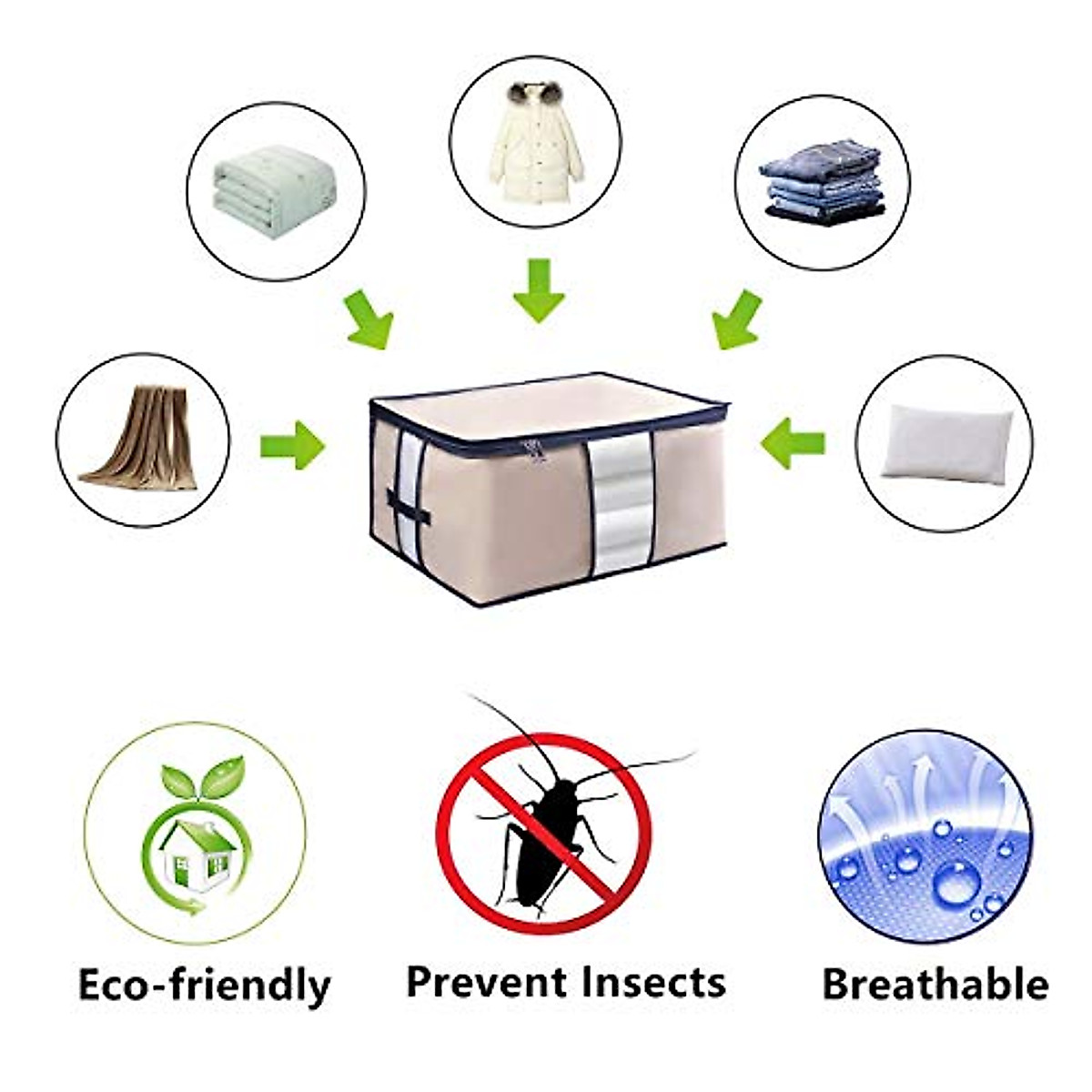 LONGTEAM 2PCS Oxford Comforter Storage Bags Home Pillow Beddings Blanket Clothes Breathable Organizers with Zippers, Clear Windows and Carry Handles (Beige, 2 Packs)