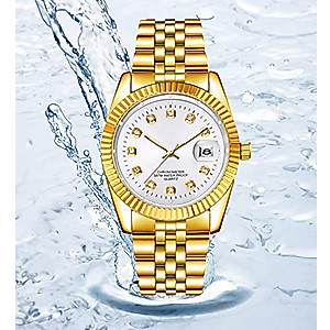 SENRUD Men's Fashion Classic Design Analog Quartz Watches Casual Business Stainless Steel Waterproof Date Wrist Watch Men (Gold White)