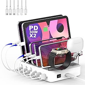 TYCRALI USB C Charging Station - 100W 6 Port Charger Station with 3 PD USB C Fast Port, 6 Short Cables, Charging Dock Designed for Apple iPhone iPad Android (Watch Charger NOT Included)