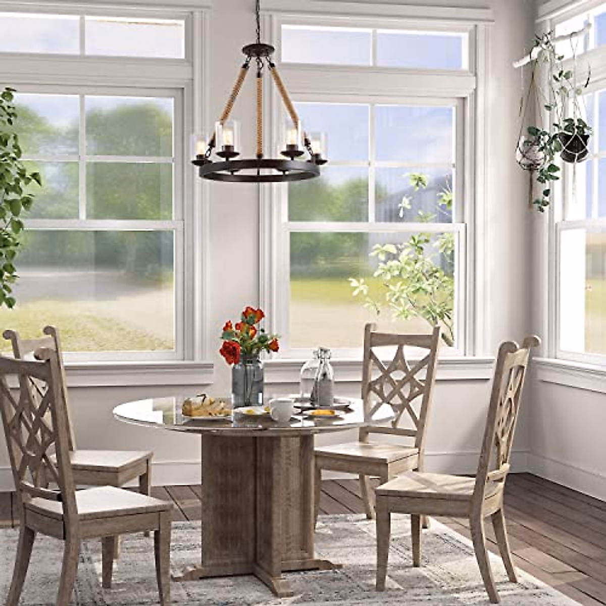LNC Farmhouse Chandelier, Round Wagon Wheel 6-Light Fixture with Clear Glass Shades for Dining Room, Living Room, Bedroom, Kitchen Island and Foyer