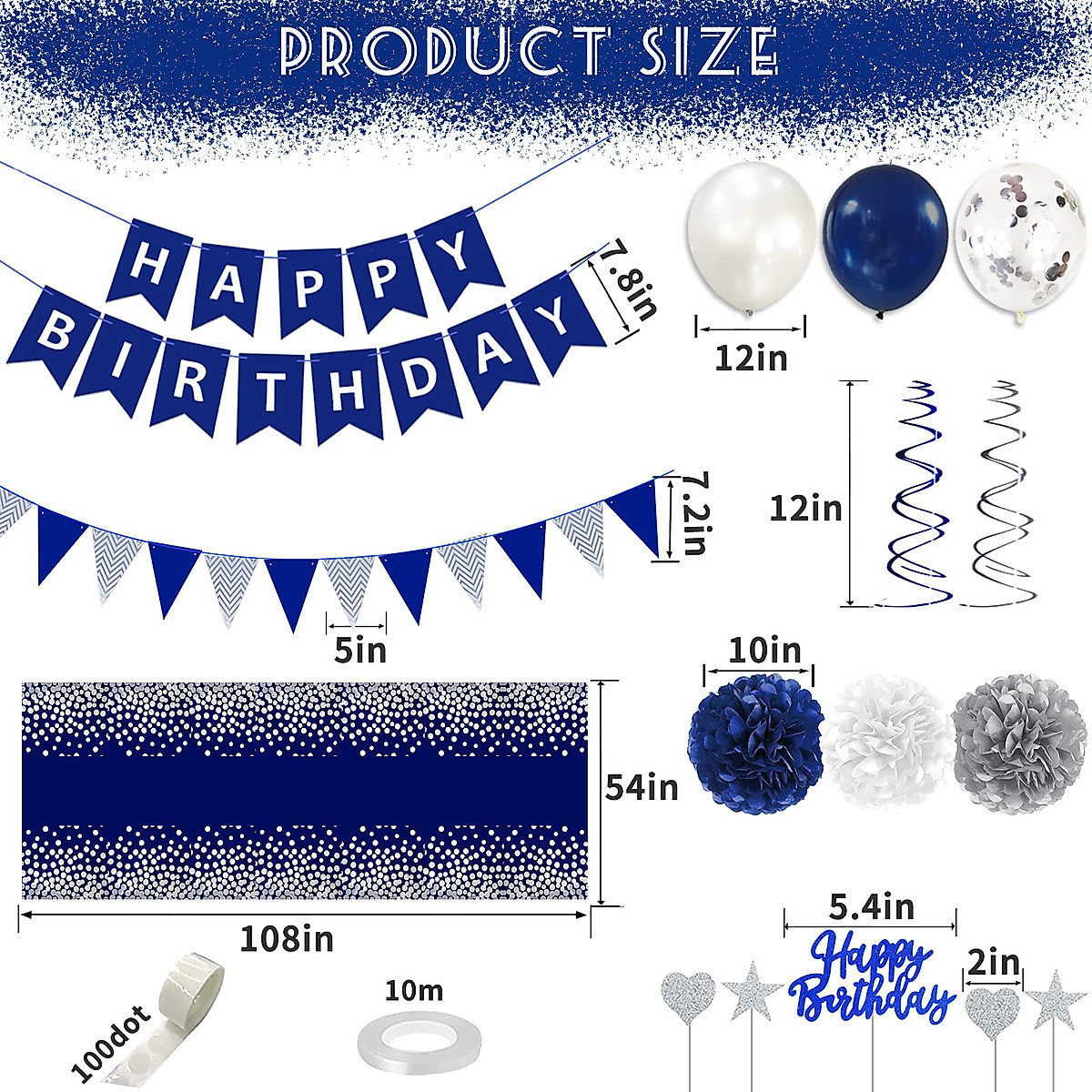 Navy Blue Silver Birthday Decorations for Men, Blue Birthday Party Supplies with Tablecloth Happy Birthday Banner Confetti Balloons Paper Pom Poms Hanging Swirls Cake Toppers