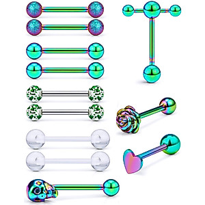 Prjndjw Jewelry, Rainbow, 12PCS, 5/8in(16mm) L. 14G Tongue Ring Surgical Stainless Steel Tongue Piercing Barbell Body Jewelry for Women