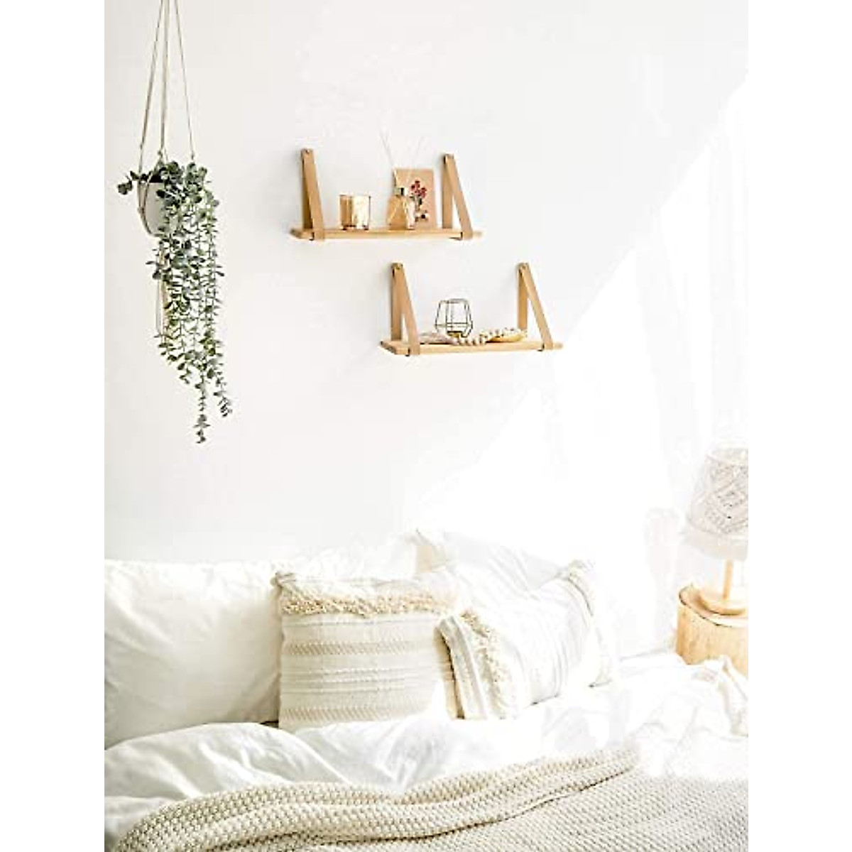 Mkono 4PCS Set - Hanging Shelf Wall Wood Floating Storage Shelves Leather Strap Swing Organizer Set of 2, and Macrame Storage Baskets for Baby Nursery Room Decor