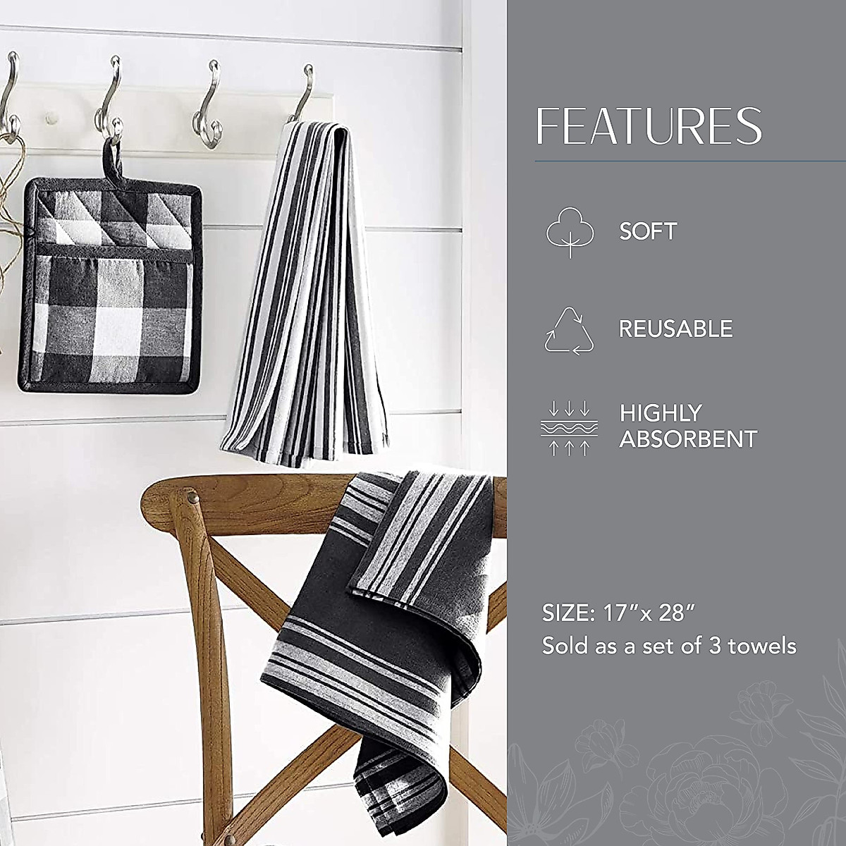 Elrene Home Fashions Farmhouse Living Stripe and Check Kitchen Towels, 17" x 28" (Set of 3), Black/White 3