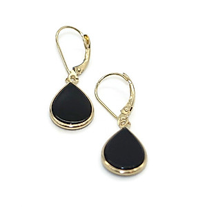 Onyx Black Pear Hanging Earrings set in 14K Yellow Gold,Leverbacks