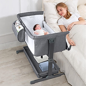 SURPCOS Baby Bassinet, Bedside Bassinet for Baby, Baby Cradle with Storage Basket, Adjustable Bedside Crib, Bedside Sleeper with Comfortable Mattress Grey