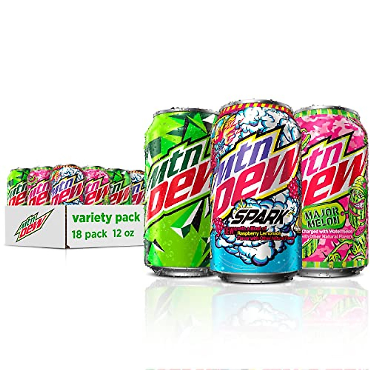 Mountain Dew 3 Flavor Major Melon Variety Pack (Major Melon, Spark (Rasp Lemonade), and Original Dew), 12 Fl Oz (Pack of 18)