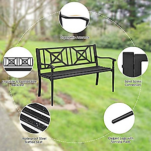Safstar Outdoor Garden Bench, Metal Porch Bench Seat with Slated Seat & Decorative Backrest, 2-Person Loveseat for Patio Garden, Powder Coated Iron Frame, Patio Bench Front Door Bench for Outside