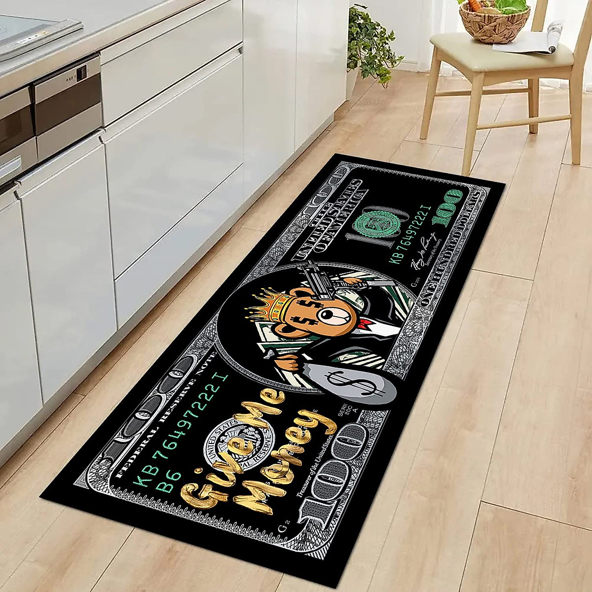 JUST BREATHE Black Money Rugs 100 Dollar Bill Rug Give Me Money Fun Bear Runner Rug 59"x24"