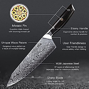 Chef Knife 8 Inch - Classic Damascus Pattern Professional Chef's Knives Japanese VG-10 Steel Ebony Wood Handle