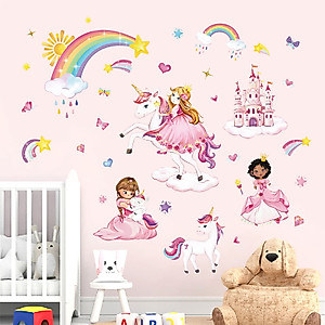 wondever Princess Unicorn Wall Stickers Castle Rainbow Peel and Stick Wall Art Decals for Girls Bedroom Kids Room Baby Nursery