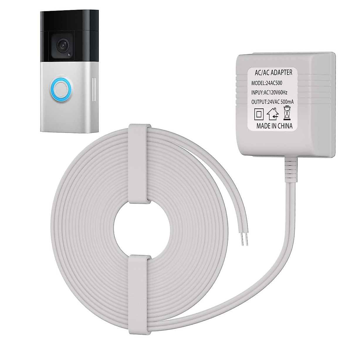 24V Doorbell Transformer 33FT Output Line for All Models of Ring Doorbells, Nest, Honeywell, Ecobee, Arlo, Wyze, Eufy （White），Reliable Power Supply for Smart Thermostats and Video Doorbells