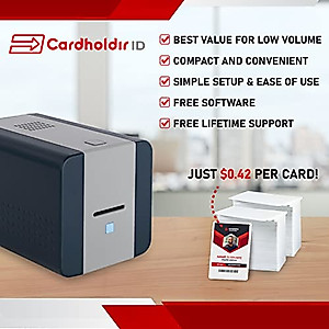 Cardholdir ID Solid 210 Badge Printer | with Beginner Software, 200 Blank ID Cards, Slot Punch, 200 Strap Clips, & 1 Color Ribbon | Single Sided ID Card Printer