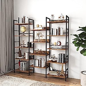 5-Shelf Wide Bookshelves, Industrial Retro Wooden Style Large Open Bookcases, 69.3''L x 11.8''W x 70.1''H, Rustic Brown