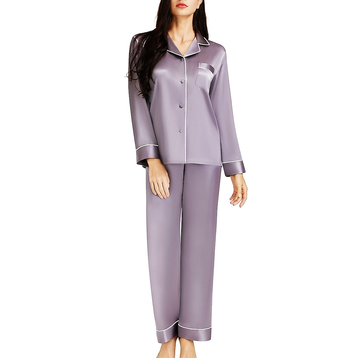 Lonxu Womens Silk Satin Pajamas Set Gray3XL Grey