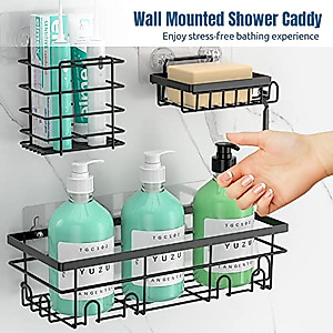 POKIPO Shower Caddy, 5-Pack Shower Organizer with Soap Dishes & Toothbrush Holder, Adhesive or Drilling Stainless Steel Shower Shelves, Rustproof Rack for Bathroom Storage, Decor, Wall Mounted, Black