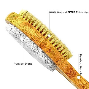 ICANdOIT Stiff Sisal Bristles 2 in 1 Long Handle Bath&Shower Brush,Bath Scrubber with Pumice Stone,Exfoliate&Soften Skin,Dry Brushing Body Brush for Cellulite&Lymphatic Drainage,Reduce ingrown Hairs
